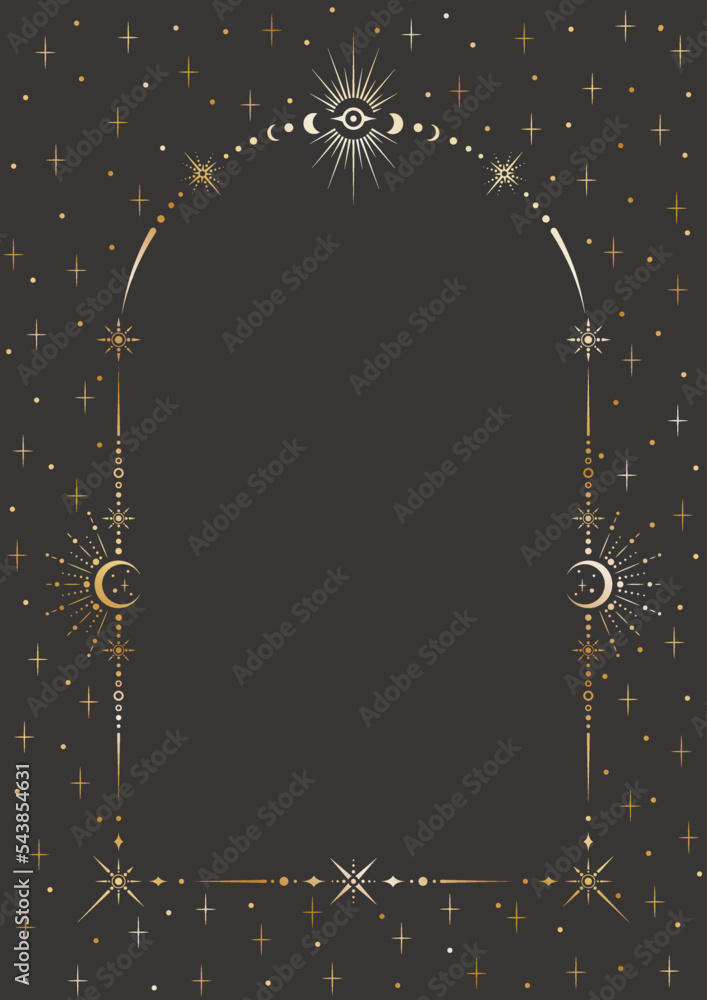 Vector mystic celestial golden arched frame with different stars, dots, beams and a copy space ...