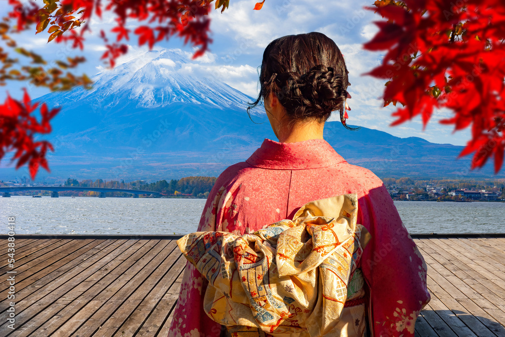 Geisha in Japan. Mount Fuji. Geisha looks at Fuji volcano. Woman in ...