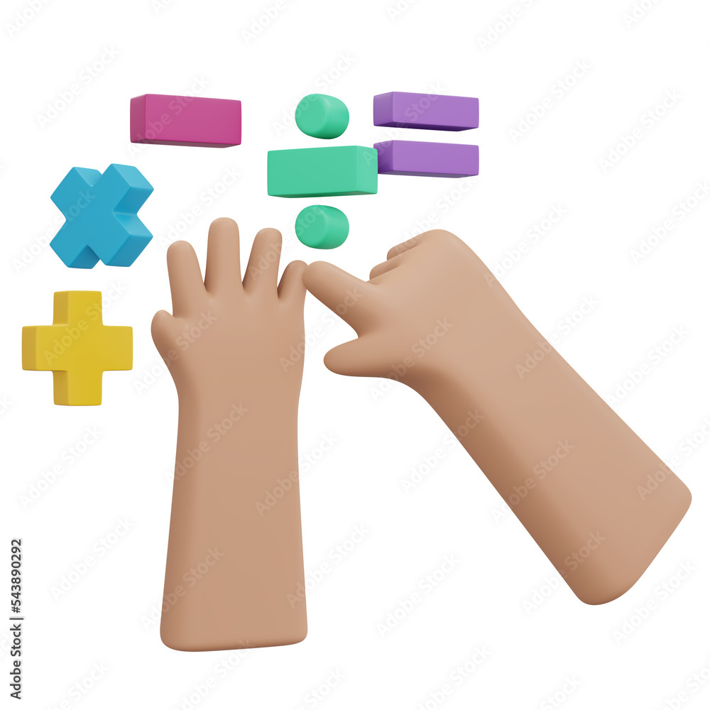 3D render of hand finger counting calculation with basic math symbol ...