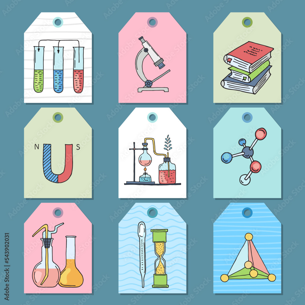 Science tags. chemical symbols tubes formulas books magnet microscope ...