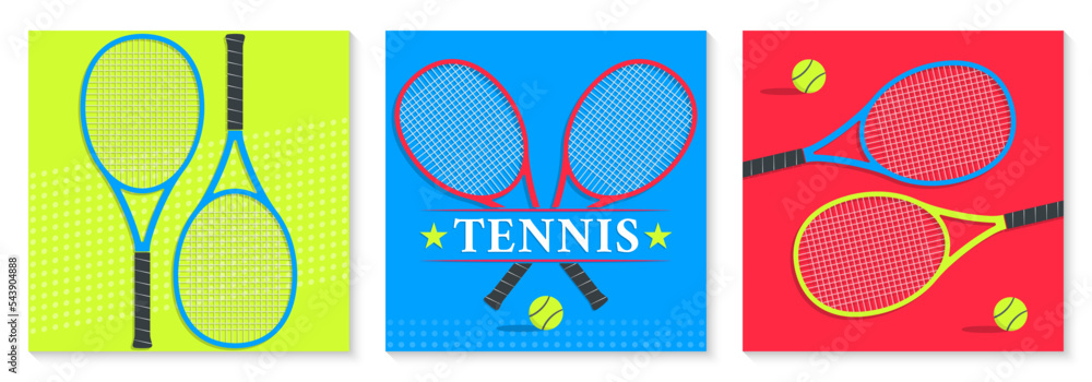 Tennis square poster set with tennis rackets and balls. Sport ...
