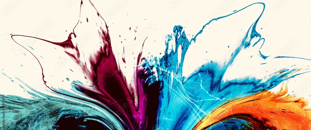 Color paint splash background with bright turquoise, purple, yellow and ...