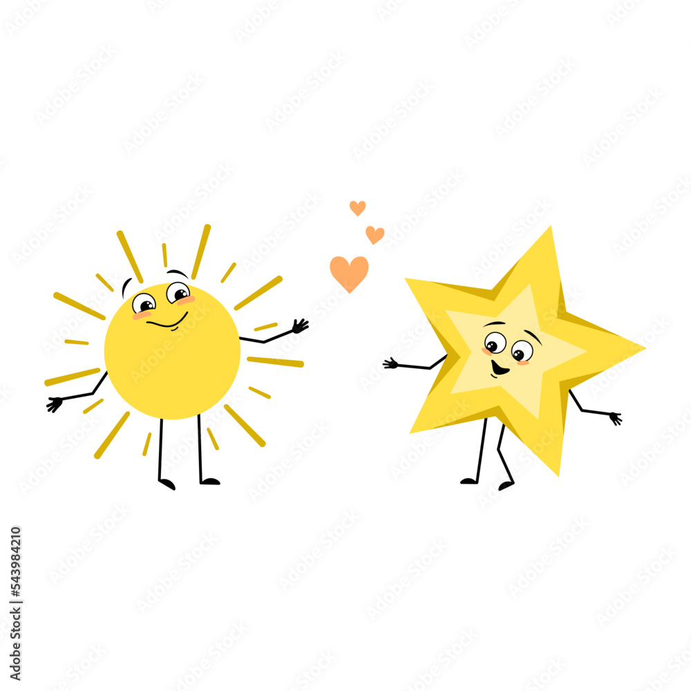 Cute sun and star character with love emotions, happy face, smile, arms ...