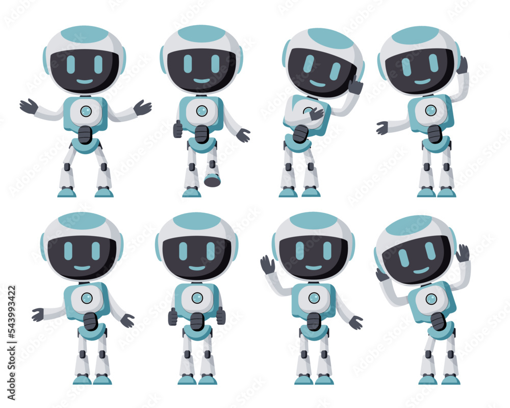 Robots character vector set design. Robotic characters with pose and gestures of standing ...