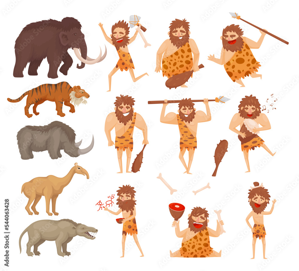 Primitive caveman characters with weapon and prehistoric animals set ...