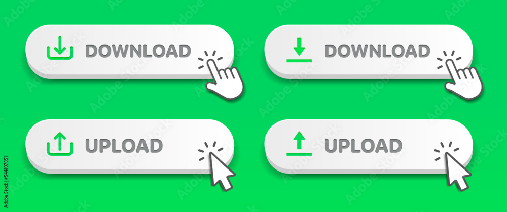 3D download and upload push button icon symbol sign. Hand cursor ...
