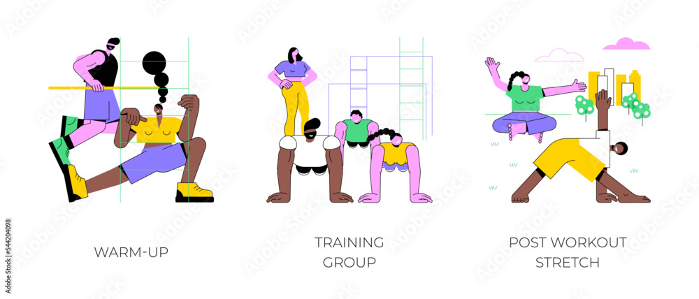 Training process isolated cartoon vector illustrations set. Warm-up ...