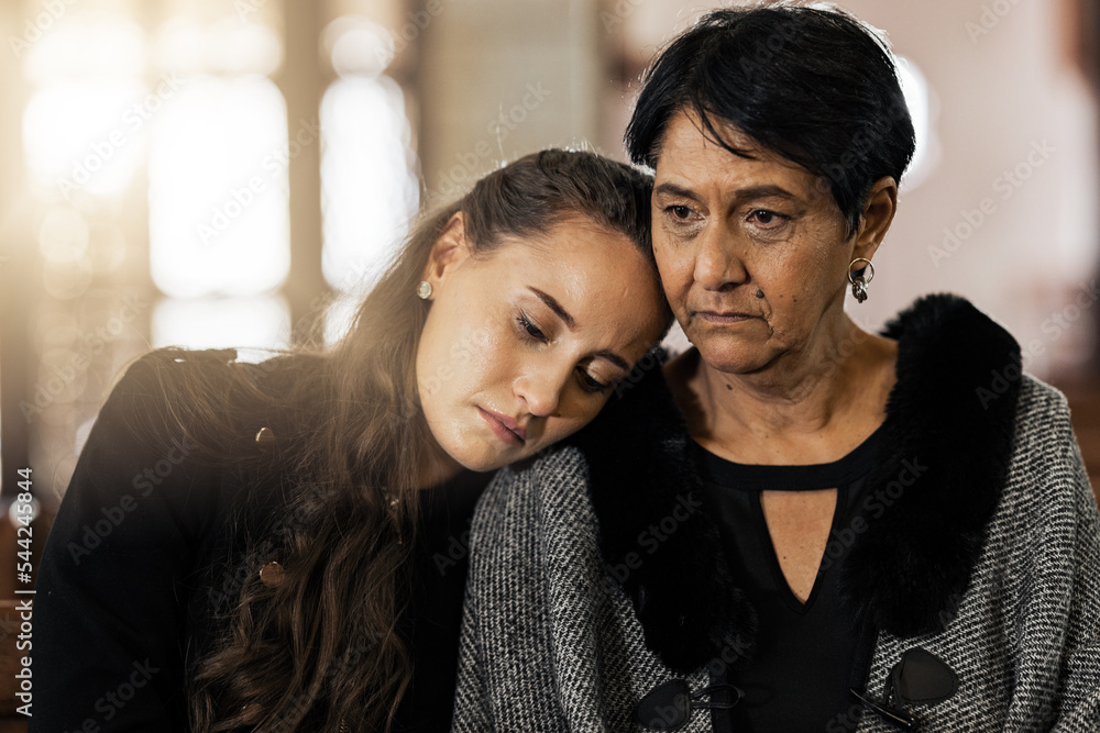Sad, empathy and funeral with women in church for mourning, grief and ...
