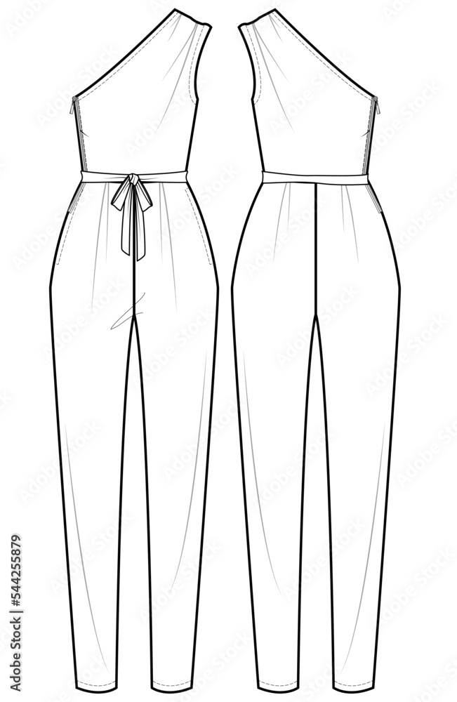 One Shoulder Tie Waist Sleeveless Jumpsuit Front and Back View. Fashion ...
