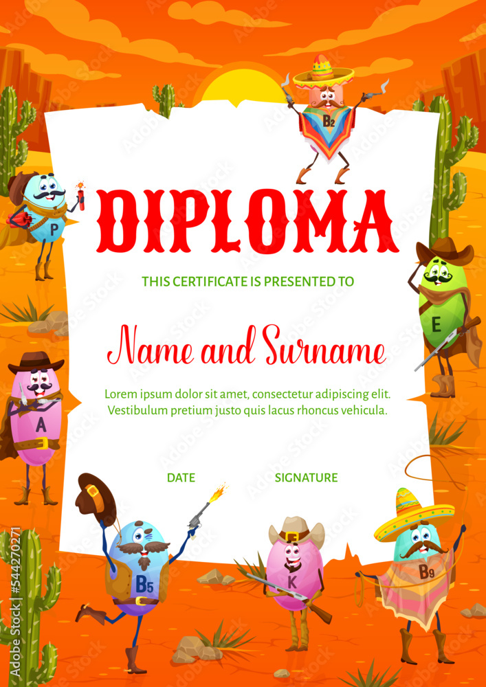 Kids diploma, Wild West cartoon vitamin A, B and E cowboy, bandit and ...