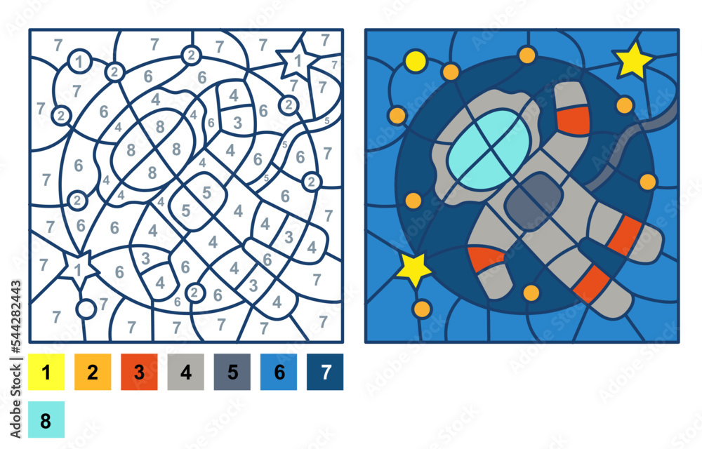 Vector coloring page, Puzzle game, Color by number astronaut in space ...