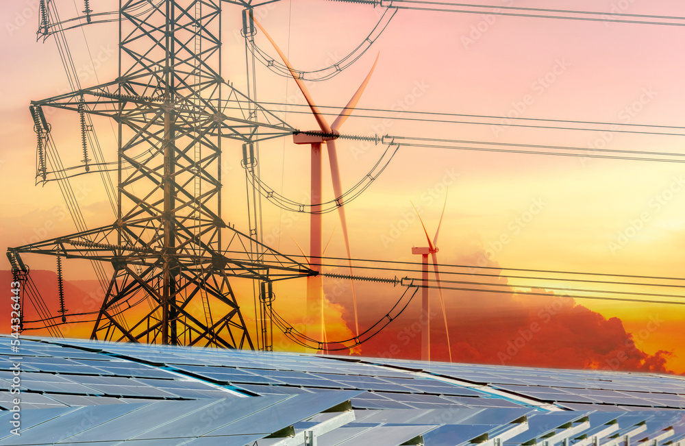 Sustainable energy. Solar farm, wind turbine, and electric pylon with ...