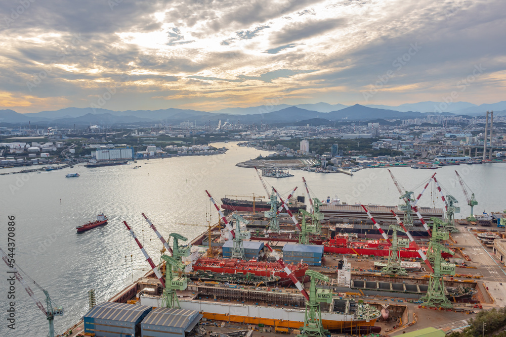 View of the colorful shipyard ocean port and harbor from the Ulsan ...