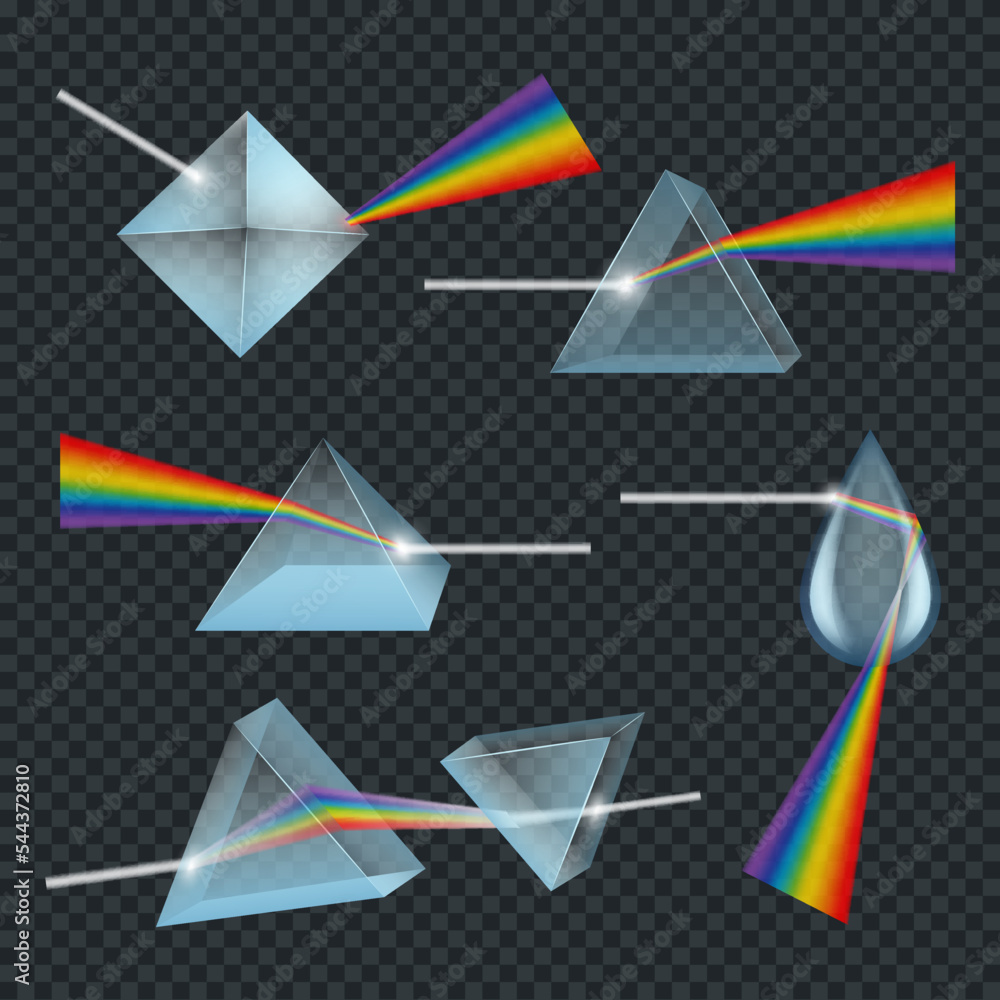 Realistic prism set. Light dispersion, rainbow spectrum and optical effects. Pyramid prisms and ...