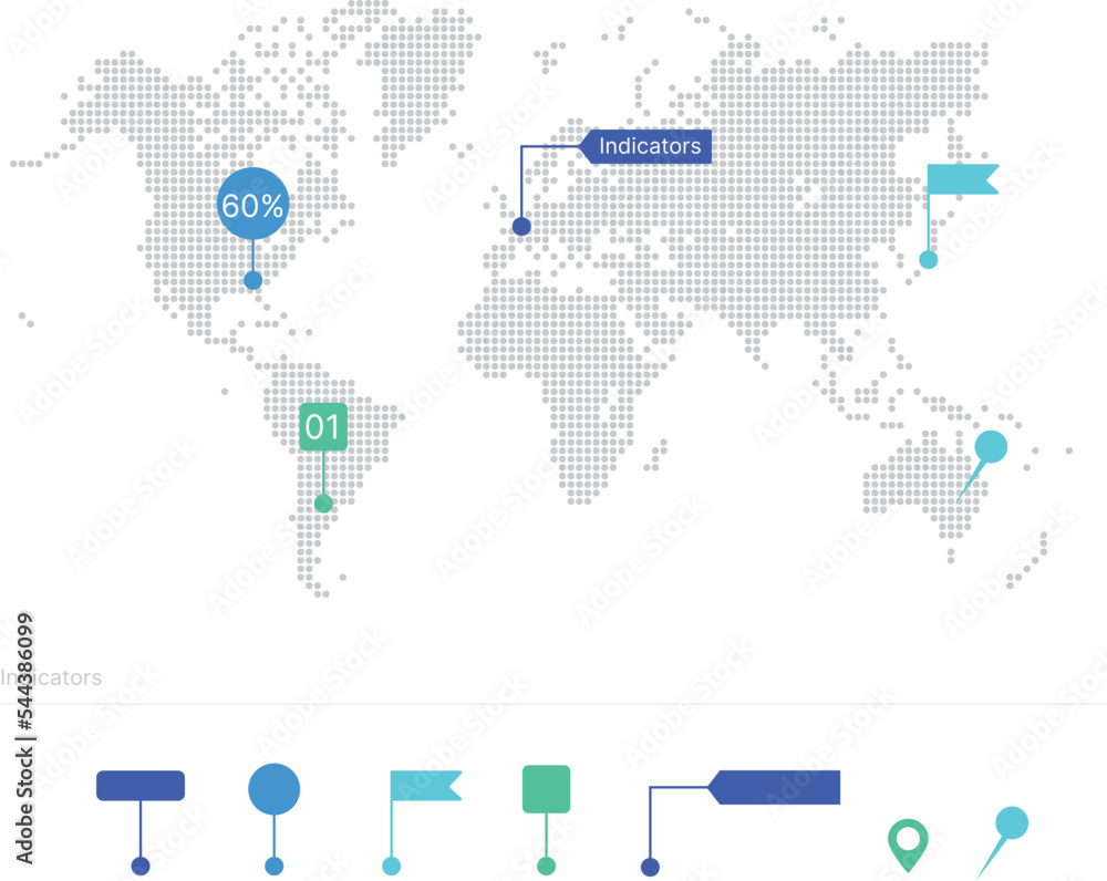 Dotted world map, map template with indicators, map infographics. Stock ...