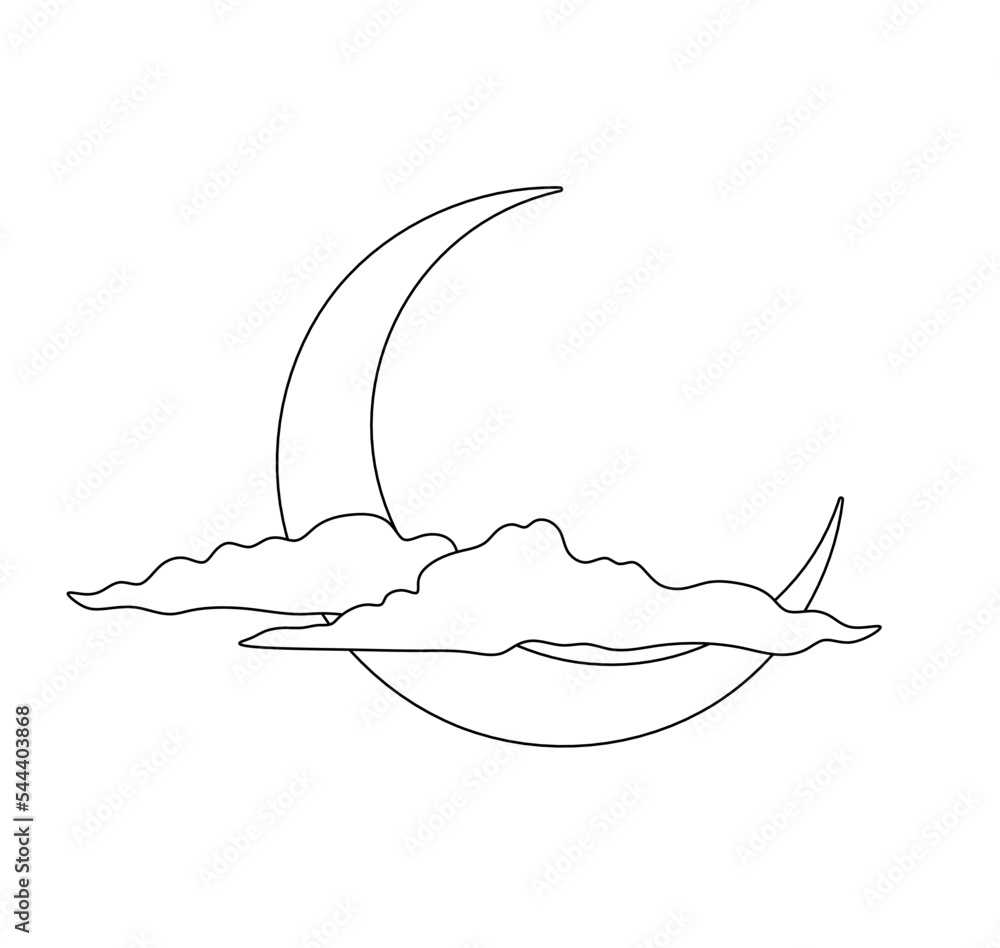 Vector isolated crescent moon behind the clouds colorless black and ...