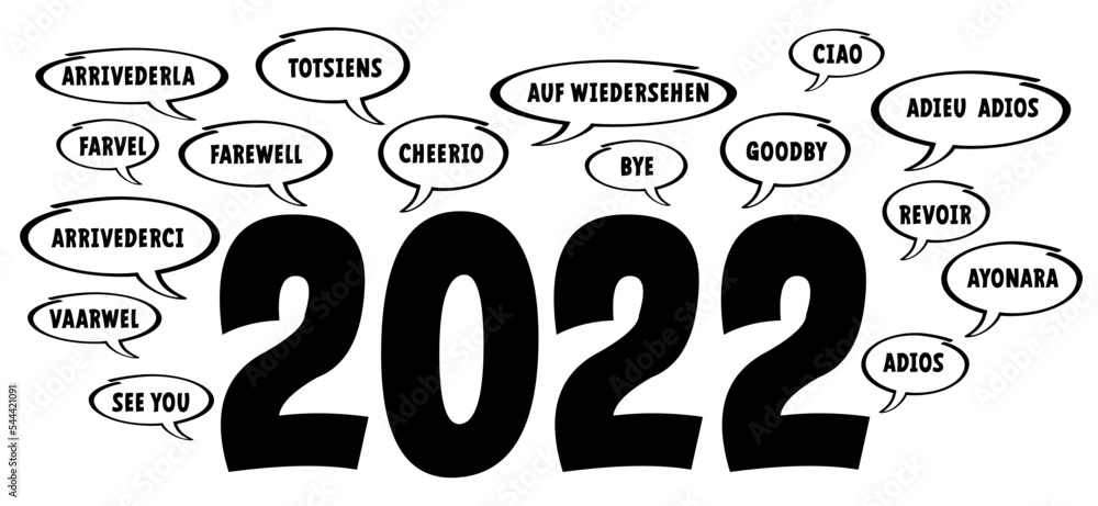 To Say goodbye 2022 in different languages. New year, party. Celebrate ...