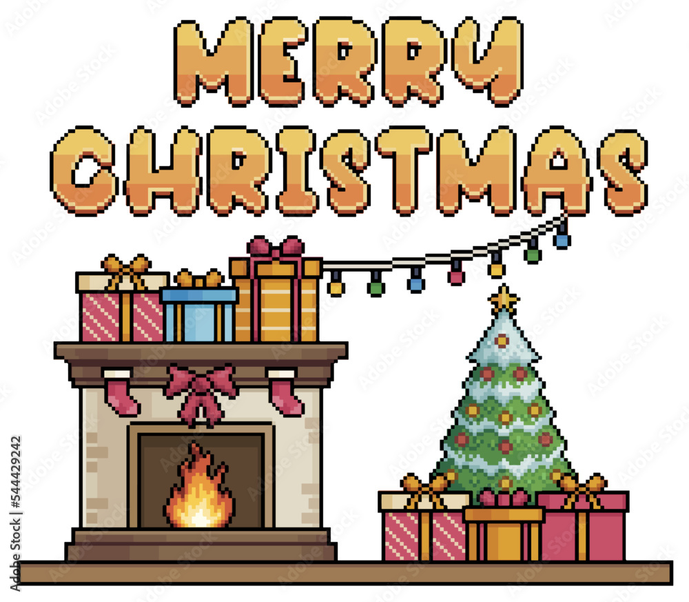 Pixel art christmas tree, fireplace, gifts and golden christmas text ...