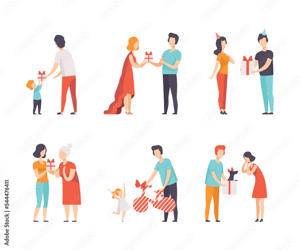 People Characters Giving and Receiving Wrapped Gift Box as Holiday ...