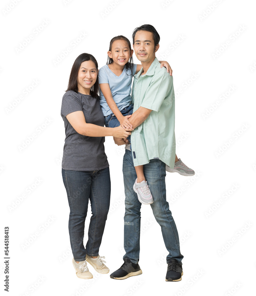 Happy asian family of father, mother and daughter hug, isolated ...