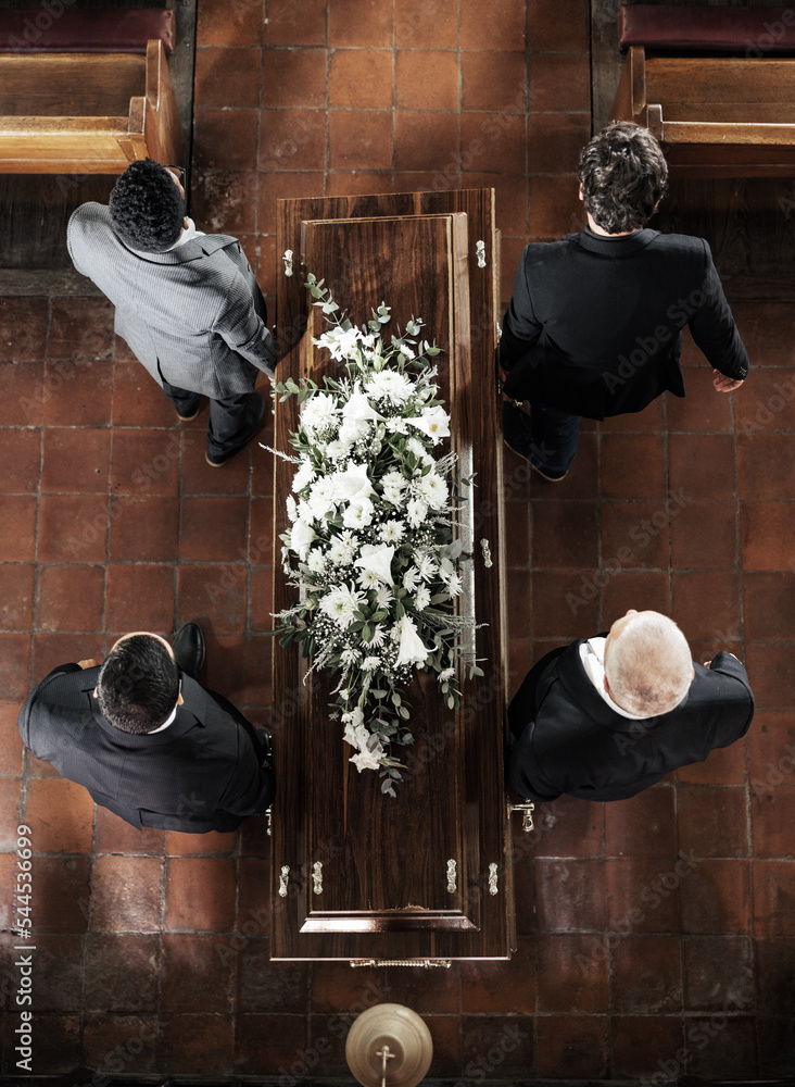 Photo Stock Funeral, family coffin and church above for death, grief or ...