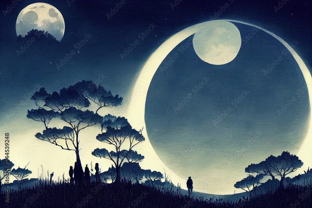 2D Landscape drawing, Scenery art drawing, Sun nature, Moon night ...
