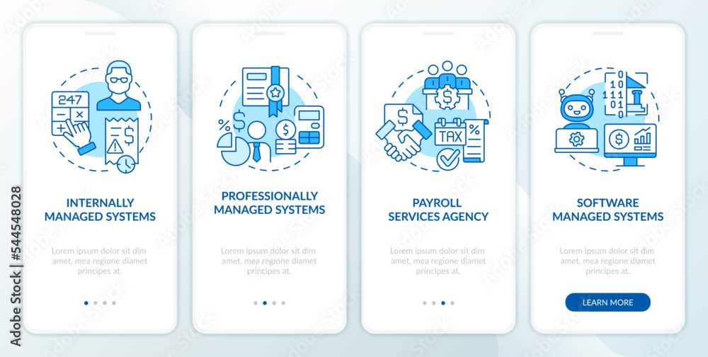 Types of payroll systems blue onboarding mobile app screen. Salary ...