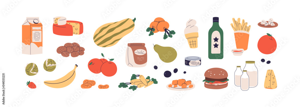 Food, eating products. Groceries set, fresh vegetables, fruits, milk ...
