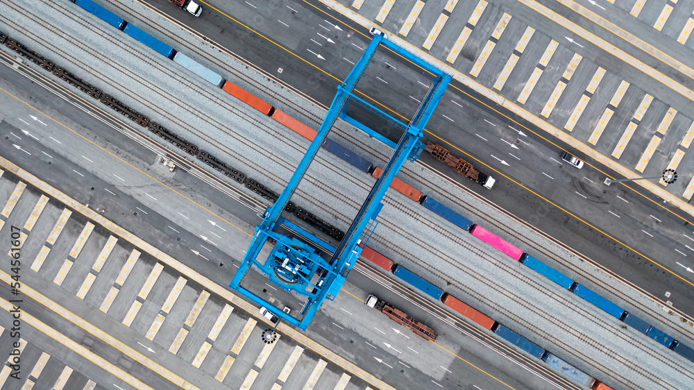 Aerial view of shipping container rail terminal, Train wagon cargo ...