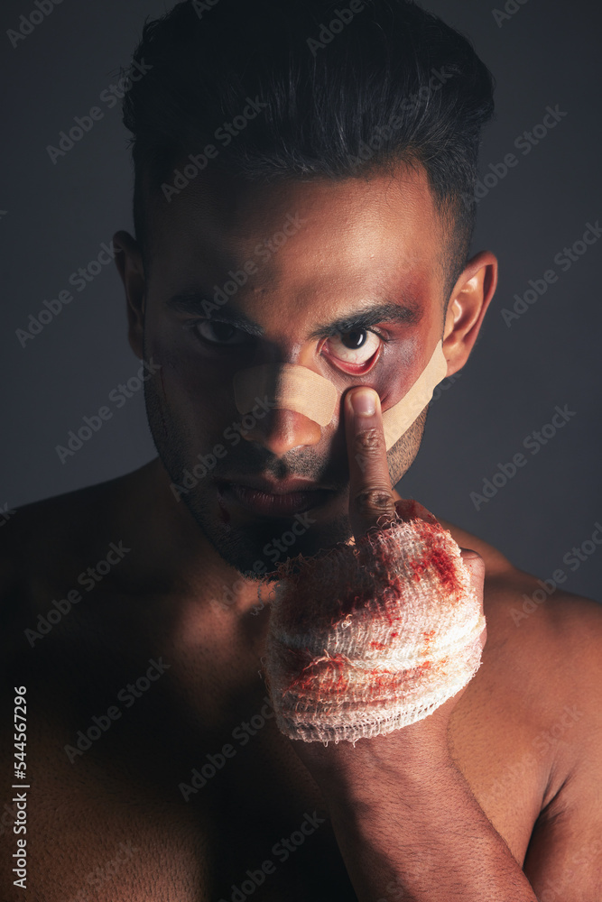 Blood, boxing injury and man with bruise from fight conflict, criminal ...