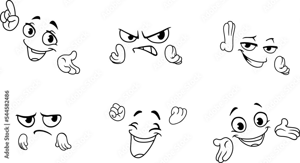 Cartoon facial expressions and hand gestures line art set Stock Vector ...