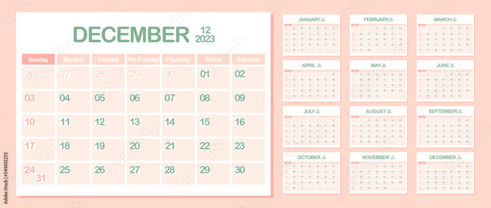 Wall Calendar 2023. December. Week Starts on Sunday. Monthly calendar ...