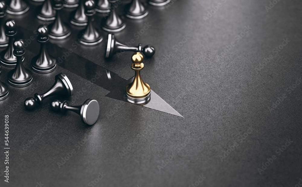 Golden pawn beating competition over black background. Standing out ...