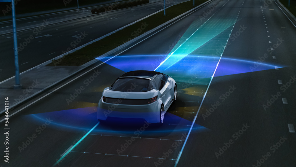 Aerial Drone Following Futuristic 3D Concept Car. Autonomous Self ...