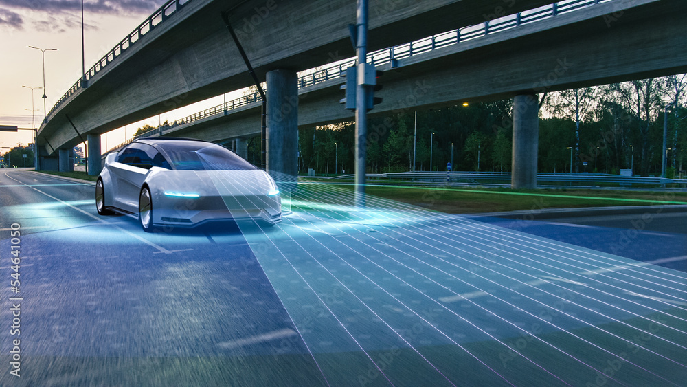 Ilustración de Stock Autonomous Self-Driving 3D Car Moving Through City ...