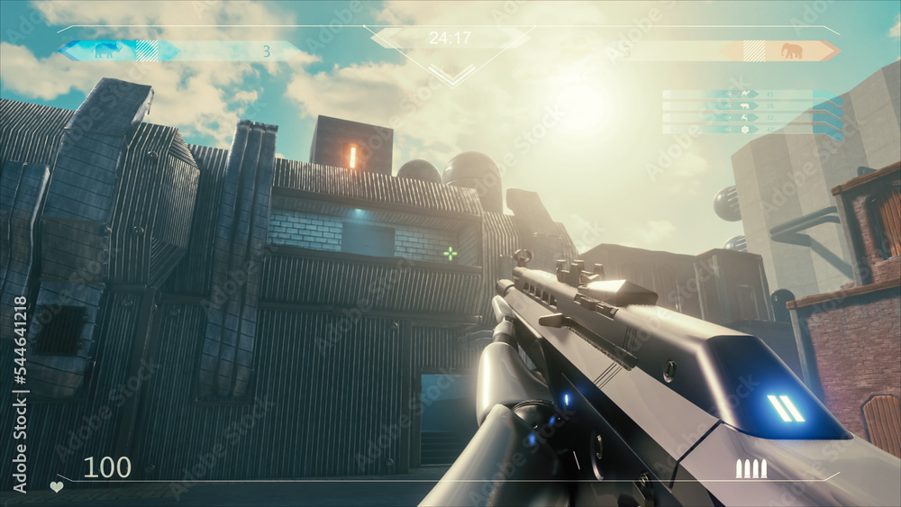Mock-up of the Sci-Fi First Person Shooter. 3D Game Playthrough, FPS ...