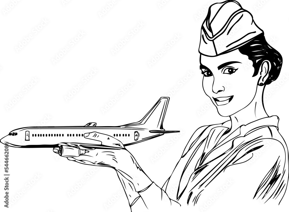 Stock-Vektorgrafik „Flight attendant with aeroplane in hand vector ...