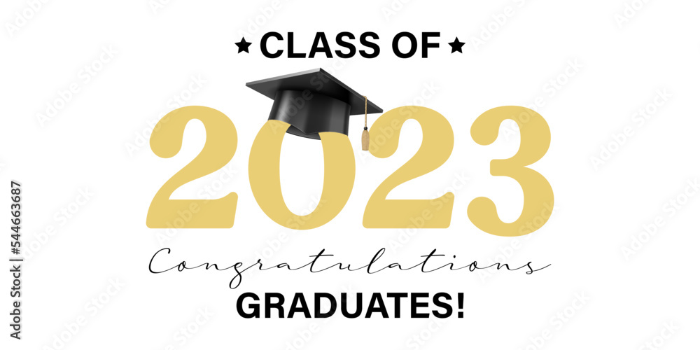 Vector illustration. Class of 2023 badge design template in black and ...