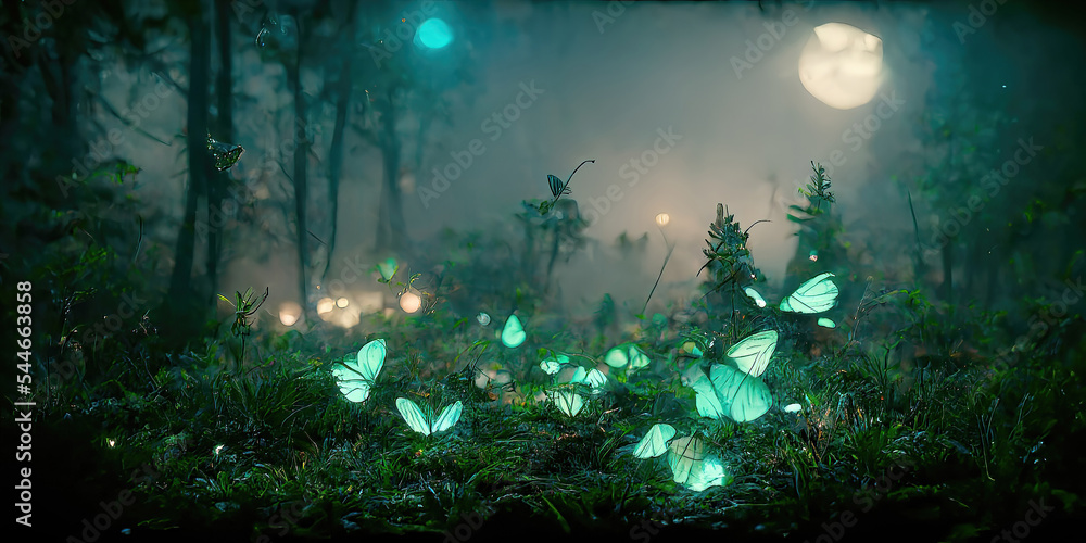 colorful fantasy forest foliage at night, glowing flowers and ...