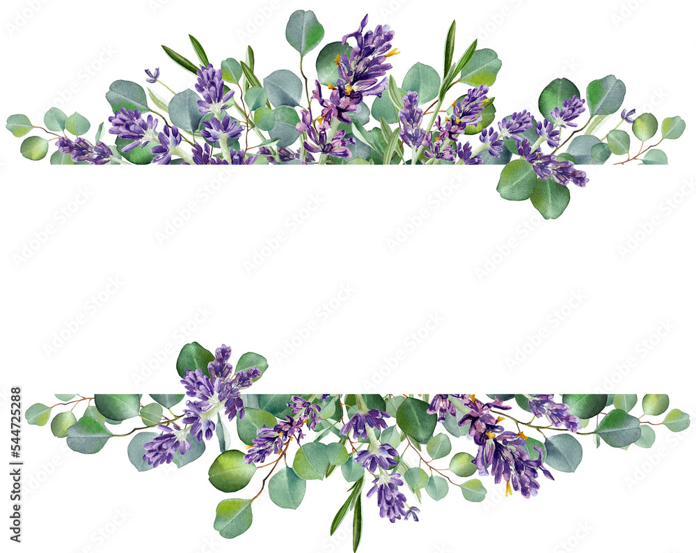 Watercolor eucalyptus leaves and purple lavender flower border ...