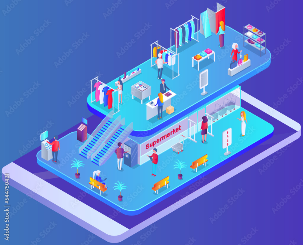 Mall shops with escalator staircase vector illustration moving ...