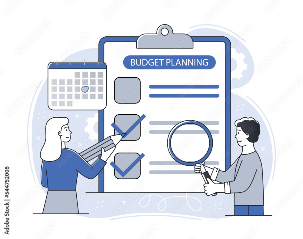 Budget planning concept. Man and woman with magnifying glass studying ...