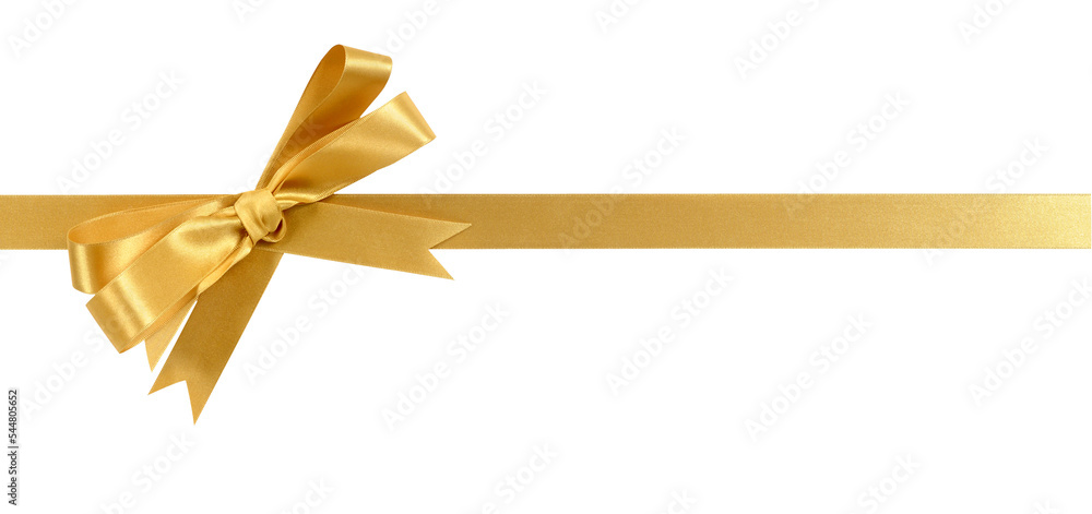 Gold gift ribbon and bow straight horizontal isolated transparent ...