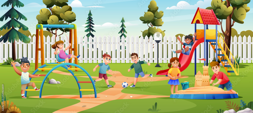 Kids playing together on playground with slide, swing, ball and sandbox ...