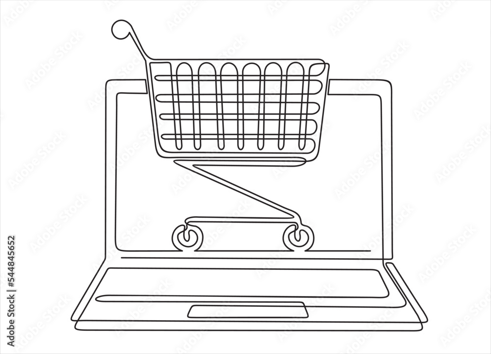 Continuous one single line drawing of laptop with shopping cart. Mobile ...