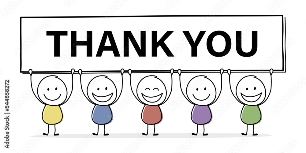 Smiley cartoon caricature with text on a board - thank you. Business ...