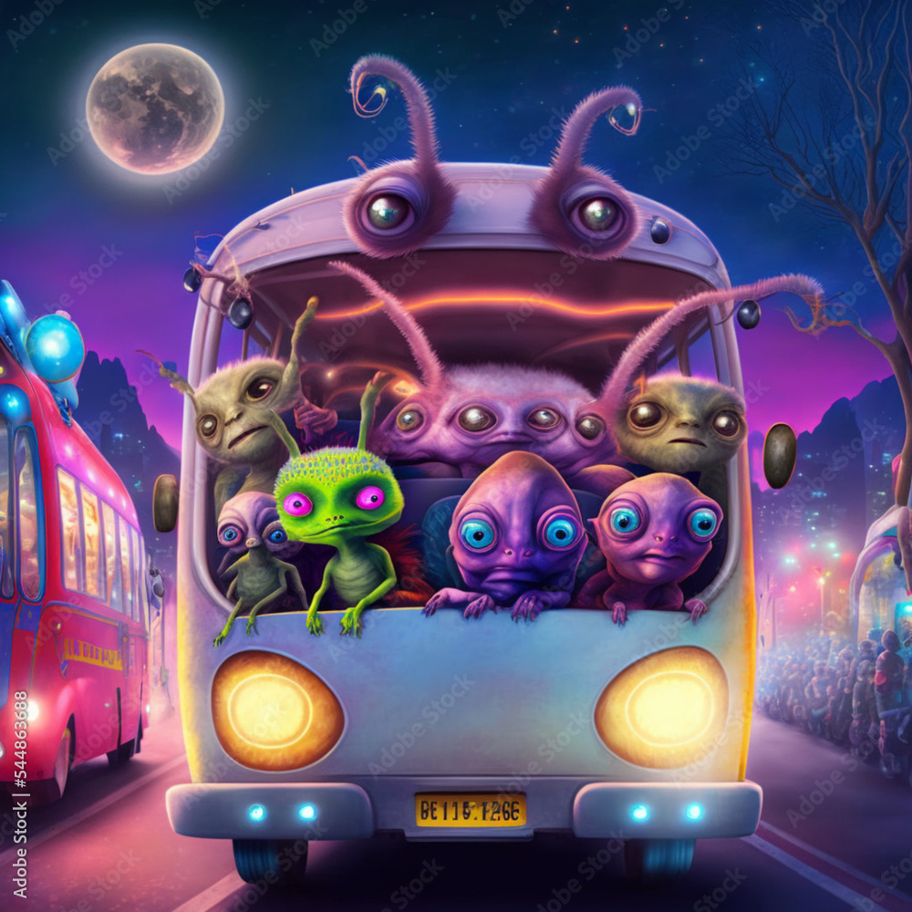 Nightmare scary monsters riding a bus. Horrible aliens at the bus stop ...