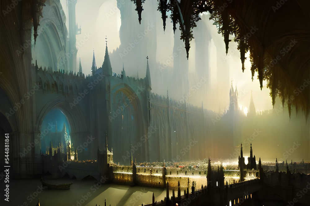 Gothic fantasy city with cathedrals, churches, towers, houses and king ...