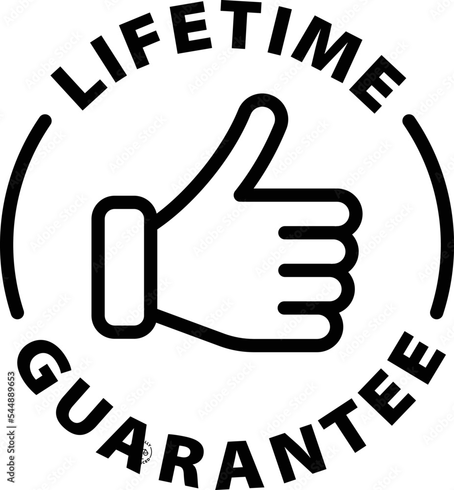 Lifetime guarantee icon. Black outline rounded isolated product label ...