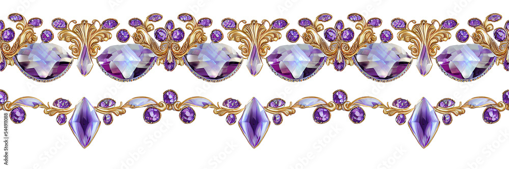 Beautiful realistic jewelry border. Isolated light purple crystal and ...